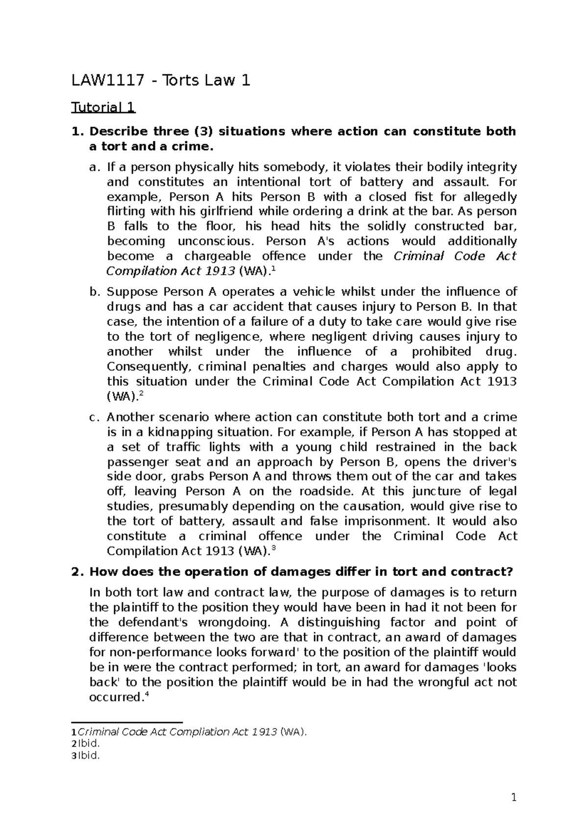LAW1117 - Torts I - Tutorial 1 - LAW1117 - Torts Law 1 Tutorial 1 1 ...