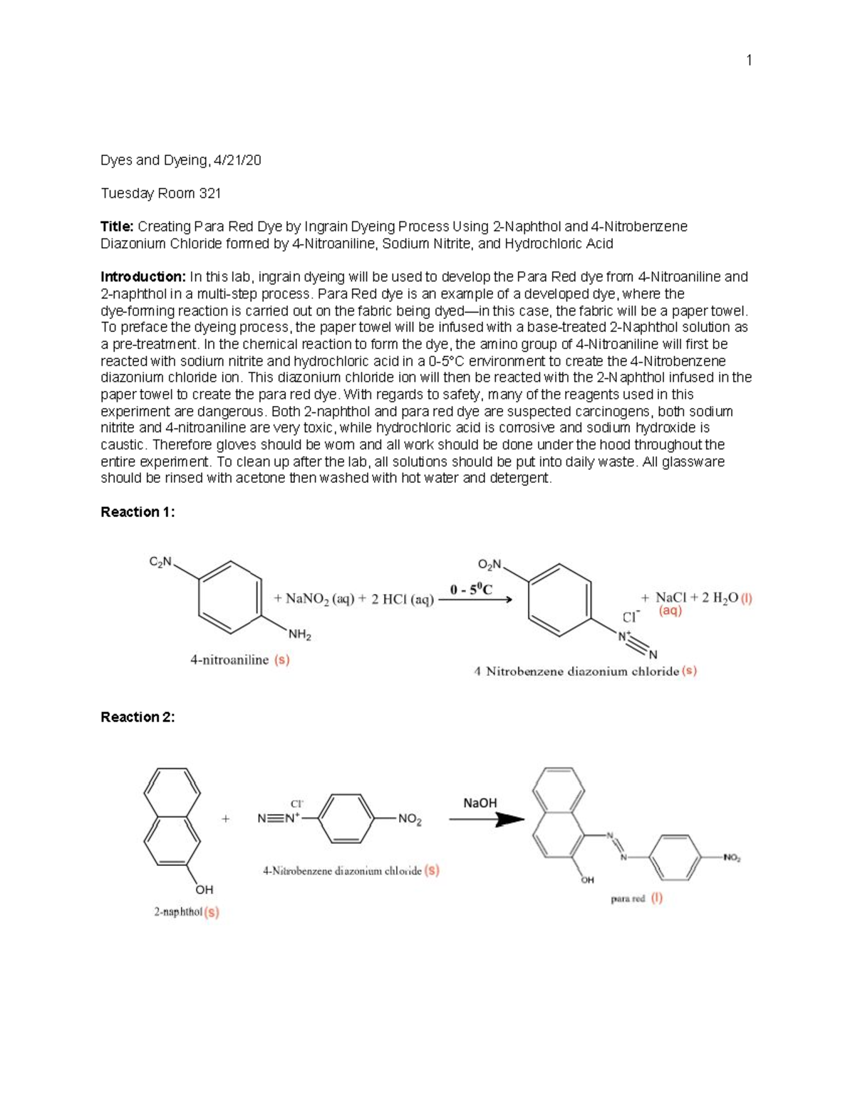Dyes Organic Chemistry II Lab - Dyes and Dyeing, 4/21/ Tuesday Room 321 ...