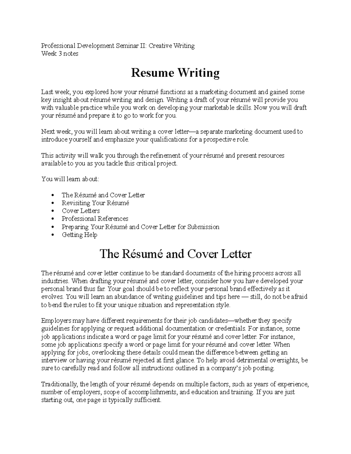 Professional Development Seminar - Resume Writing - Professional ...