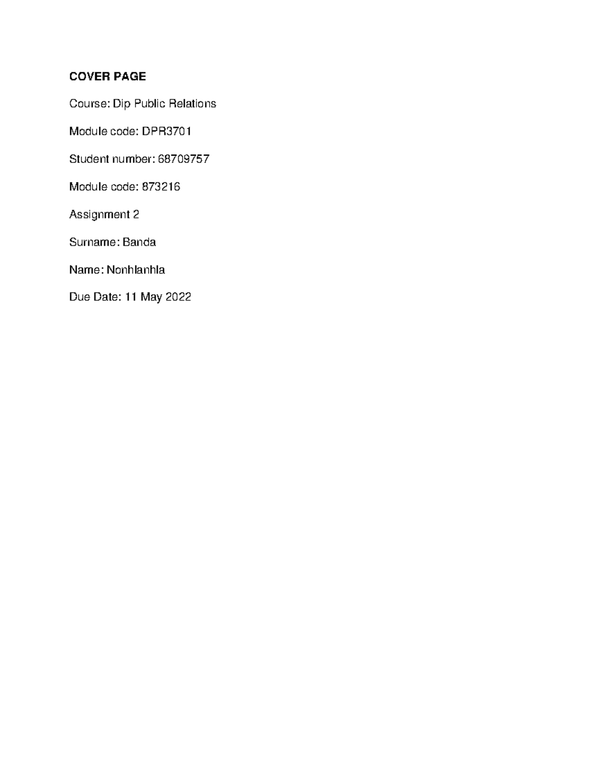 DPR 3701 Assignemet 2 - S1 -22 - COVER PAGE Course: Dip Public ...