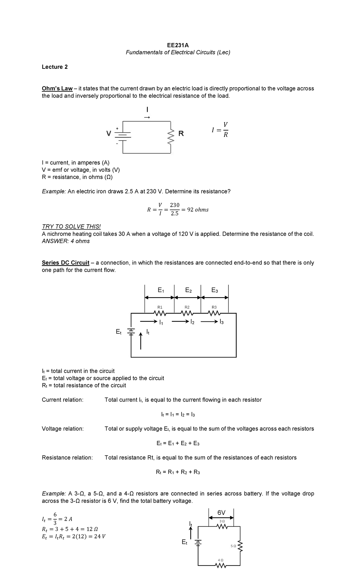 LEC 2 EE231A - EE lectures - Et E 1 E 2 E 3 I 1 I 2 I 3 It Et It 6V ...