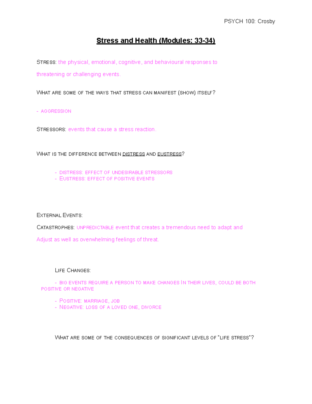 PSYCH 100 Stress and Health Student - Stress and Health (Modules: 33-34 ...