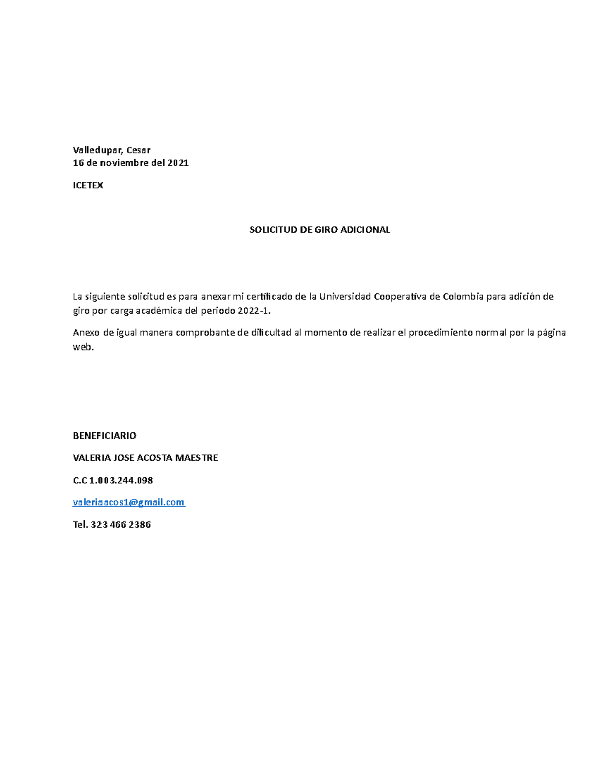 Solicitud Giro adicional - Valeria Acosta - 1003244098 - español - IED ...