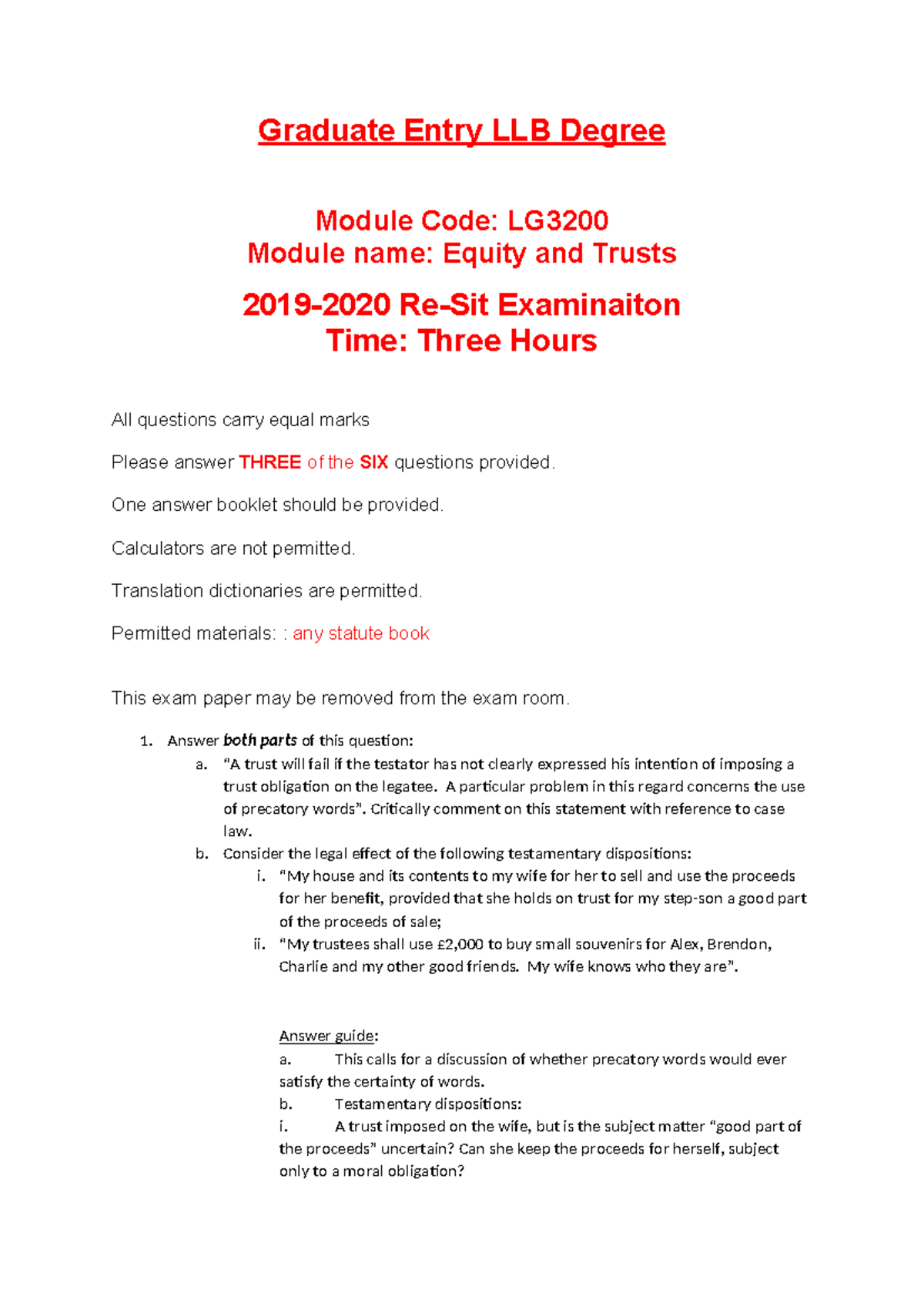 2019-20 Exam resit with guide - Graduate Entry LLB Degree Module Code ...