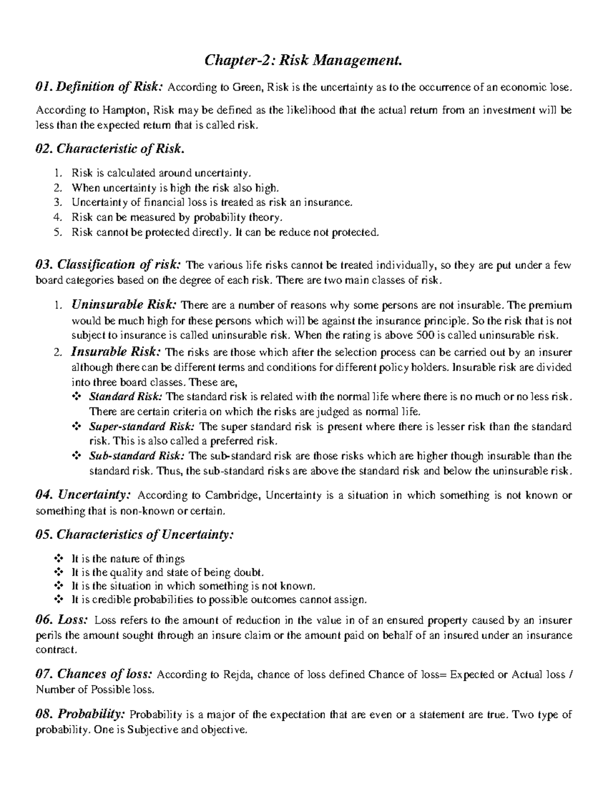 Chapter 2 Risk Management - 01. Definition of Risk: According to Green ...