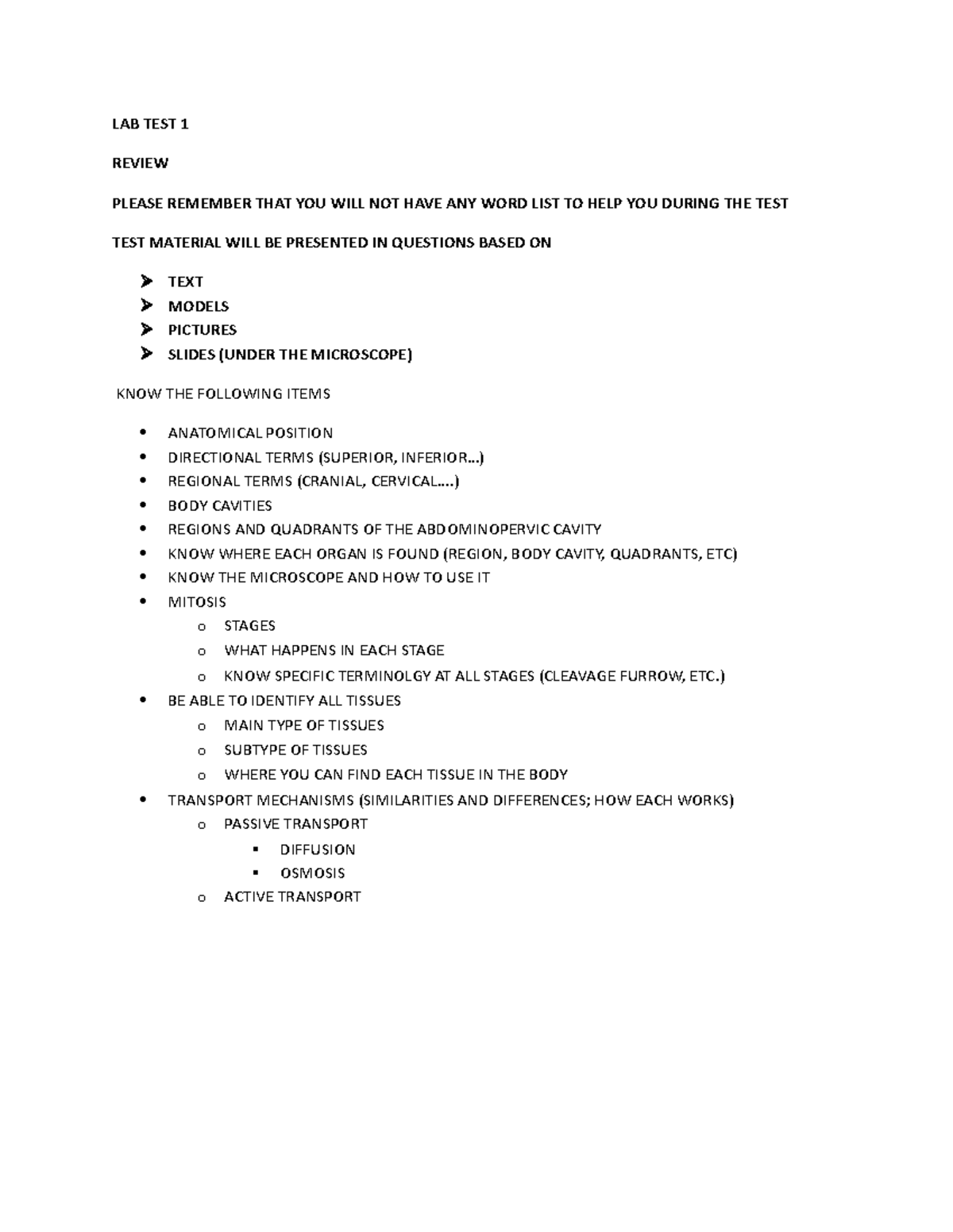 LAB TEST 1 Review - LAB TEST 1 REVIEW PLEASE REMEMBER THAT YOU WILL NOT ...