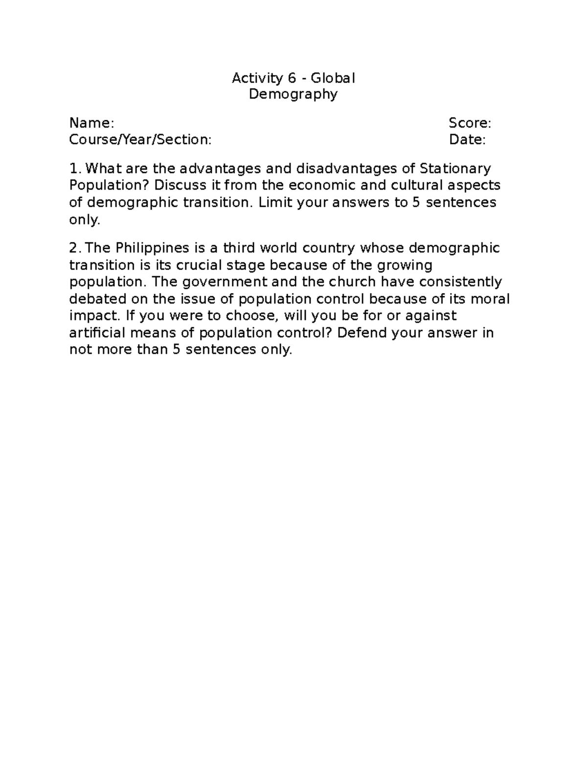 Activity 6 - Global Demography - Activity 6 - Global Demography Name ...