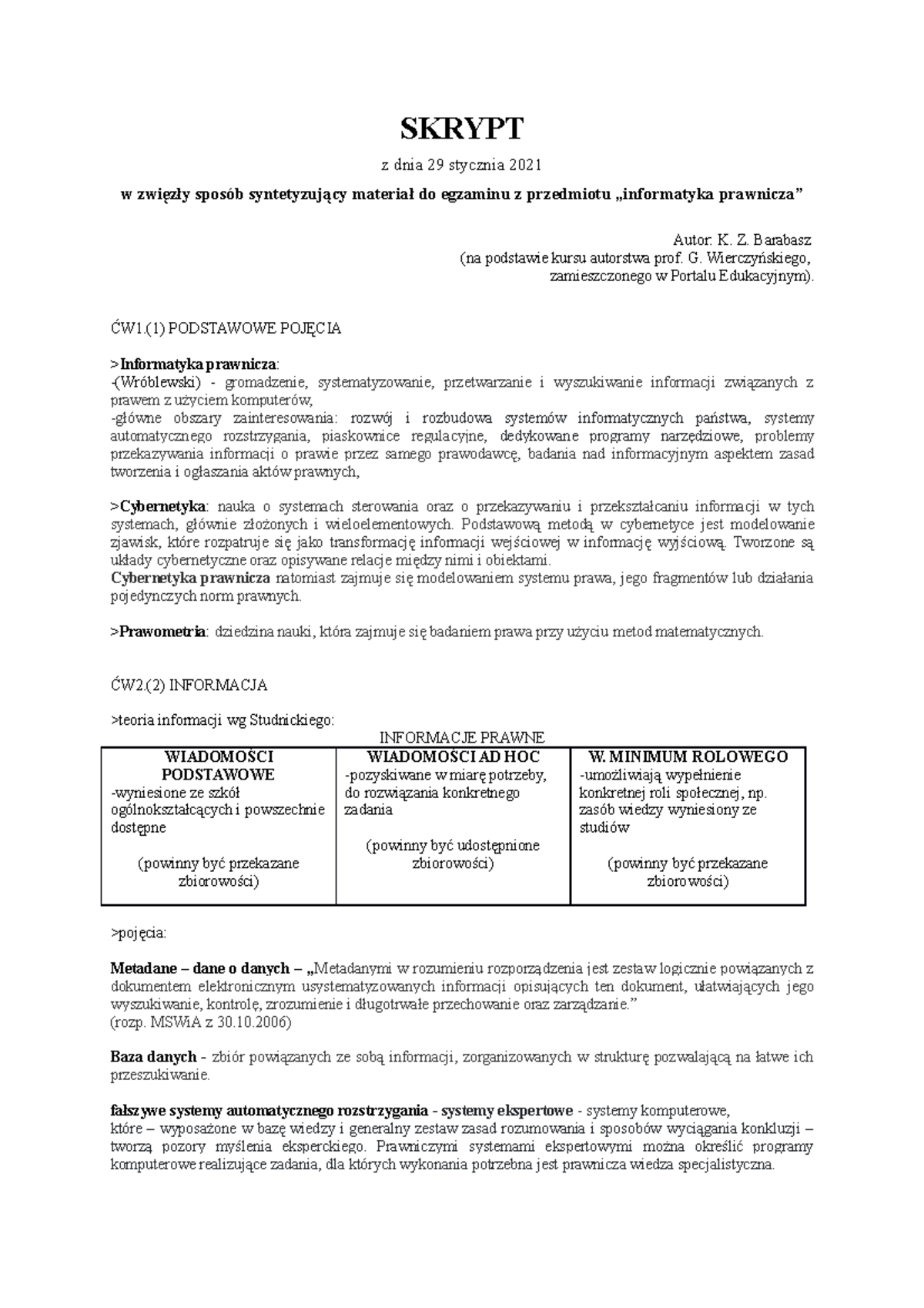 Informatyka prawnicza- Skrypt - SKRYPT z dnia 29 stycznia 2021 w zwięzły sposób syntetyzujący ...