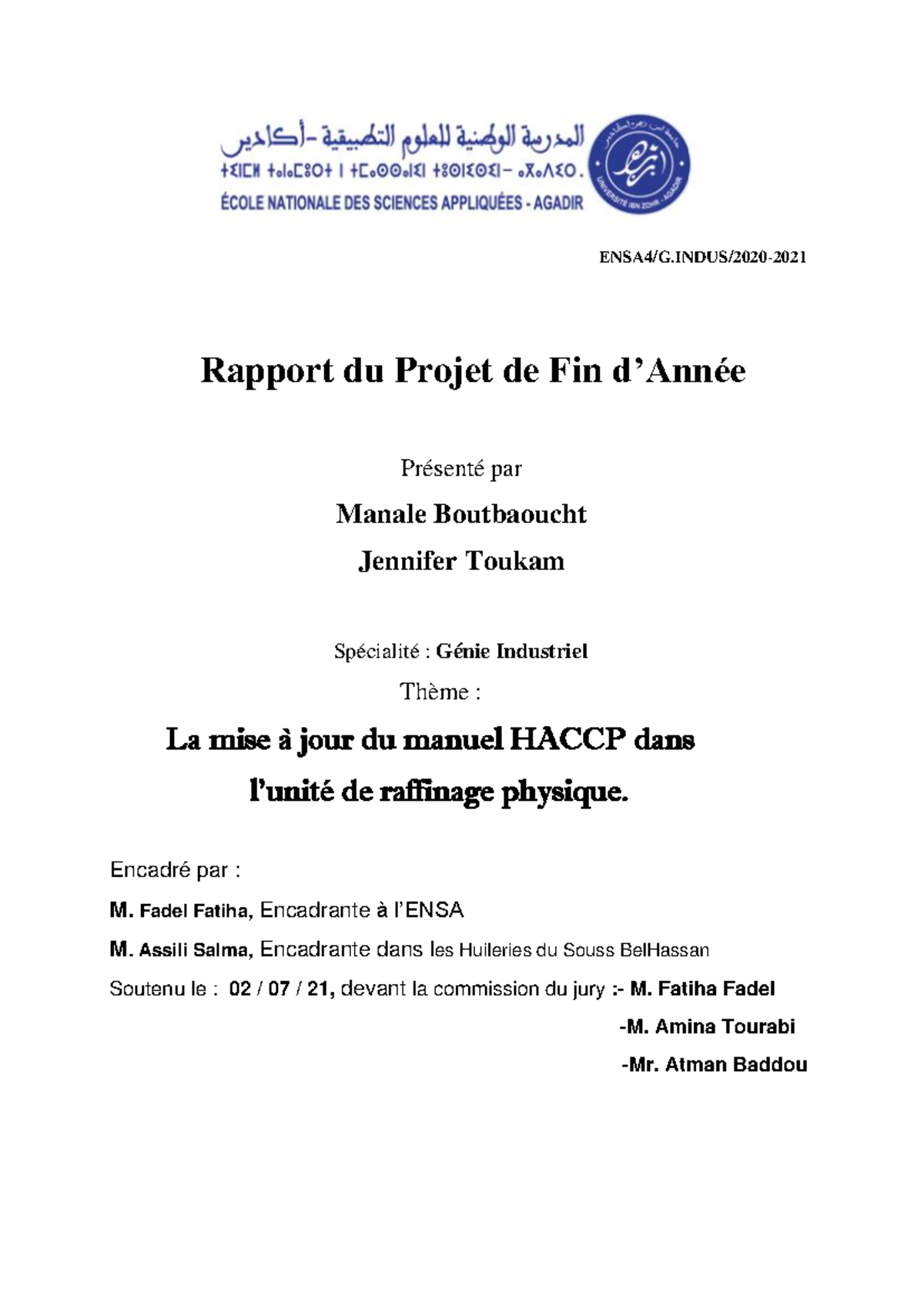 GD-PFA- Boutbaoucht & Toukam-2021 - ENSA4/G/2020- 2021 Rapport du Projet de Fin d’Année Présenté ...