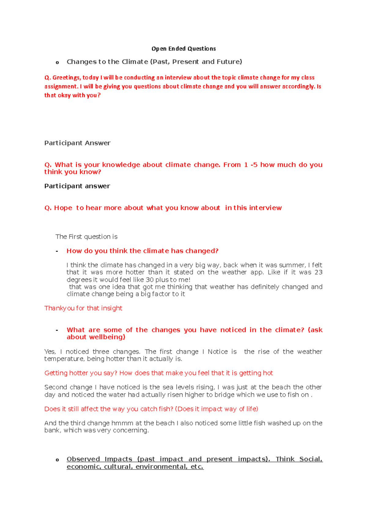 Wk 4 Actions Task Interview Questions Open Ended Questions O Changes