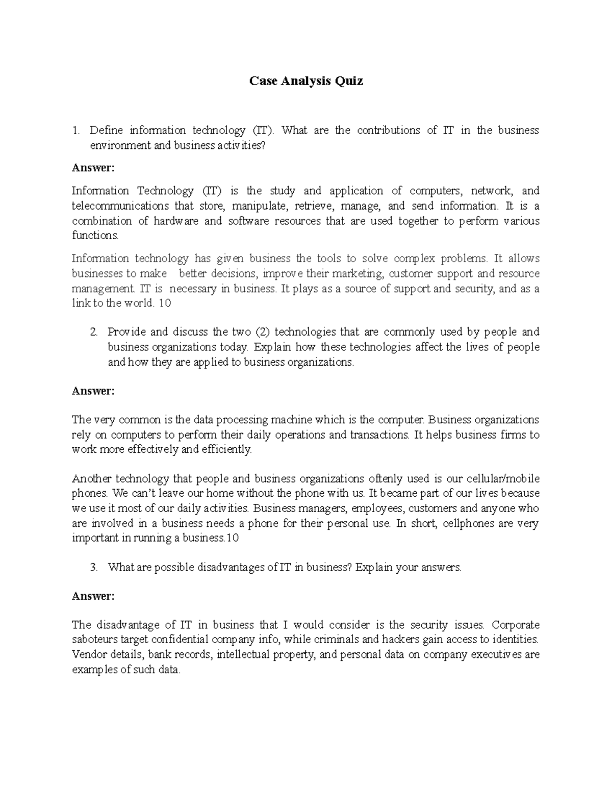 Case analysis Quiz - Case Analysis Quiz Define information technology ...