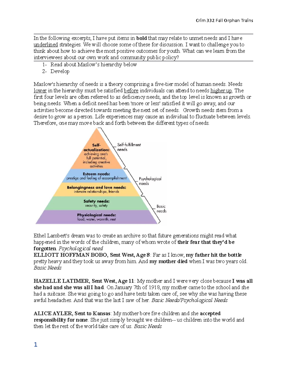 Orphan Trains Maslow Handout - In the following excerpts, I have put ...
