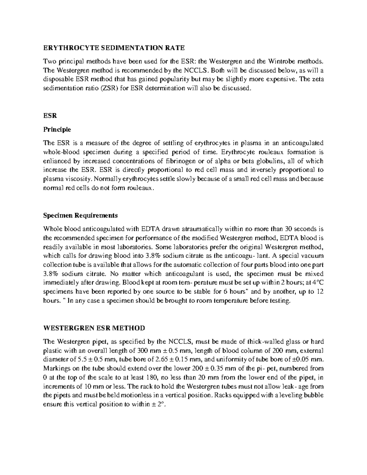 ESR - Laboratory Procedure Regarding Erythrocyte Sedimentation Rate ...