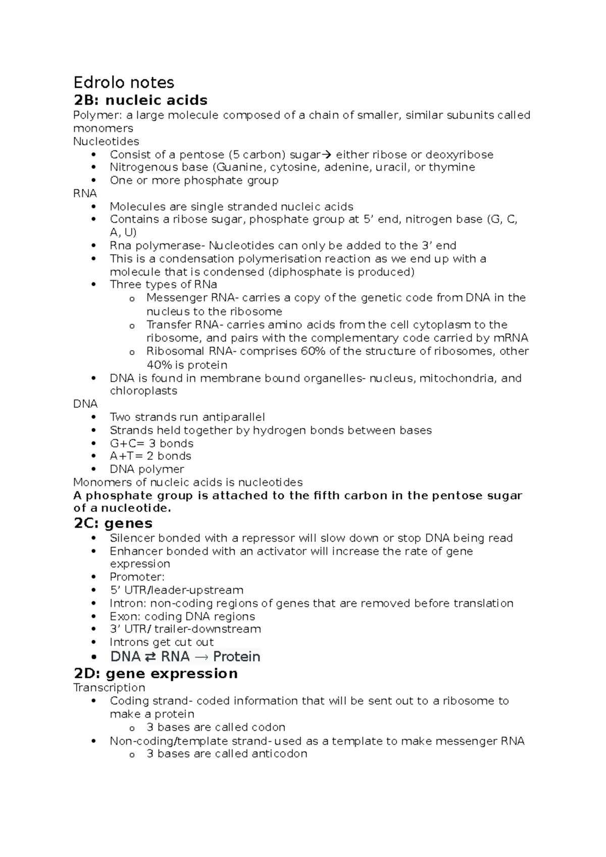 Edrolo notes for biology - Edrolo notes 2B: nucleic acids Polymer: a ...