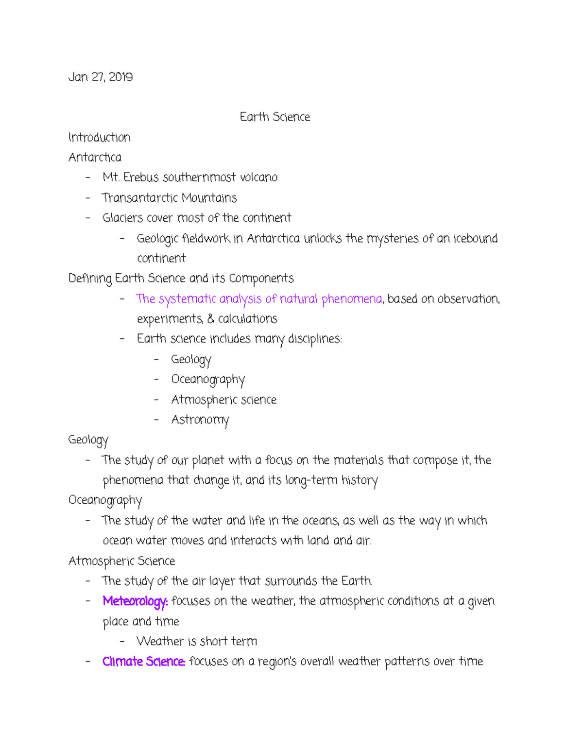 Geo 100 - Lecture notes 1-15 - Jan 27, 2019 Earth Science Introduction ...