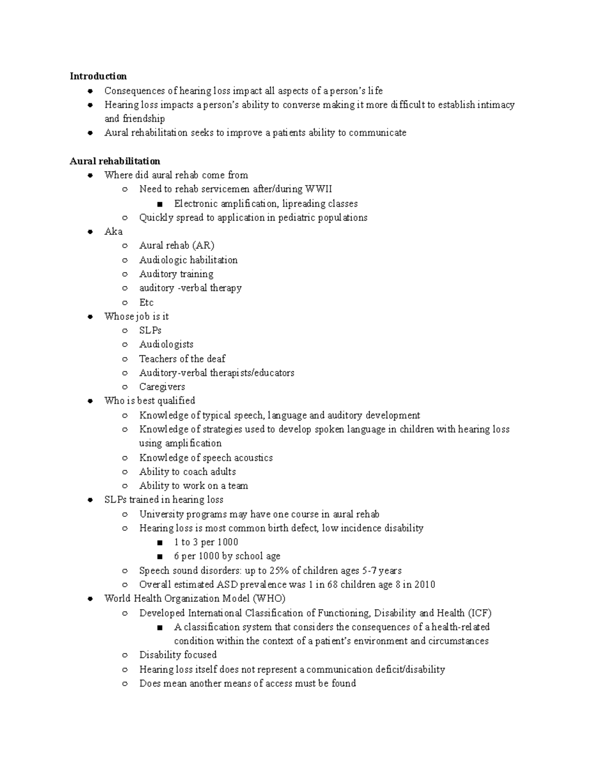 SLPA 472 Unit 1 Notes - Introduction Consequences of hearing loss ...