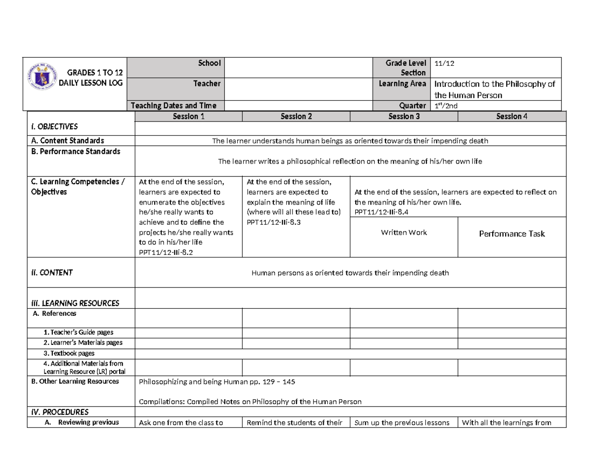 PPT Q2 Week i - Meaning of Life - I. OBJECTIVES Session 1 Session 2 Session 3 Session 4 A ...