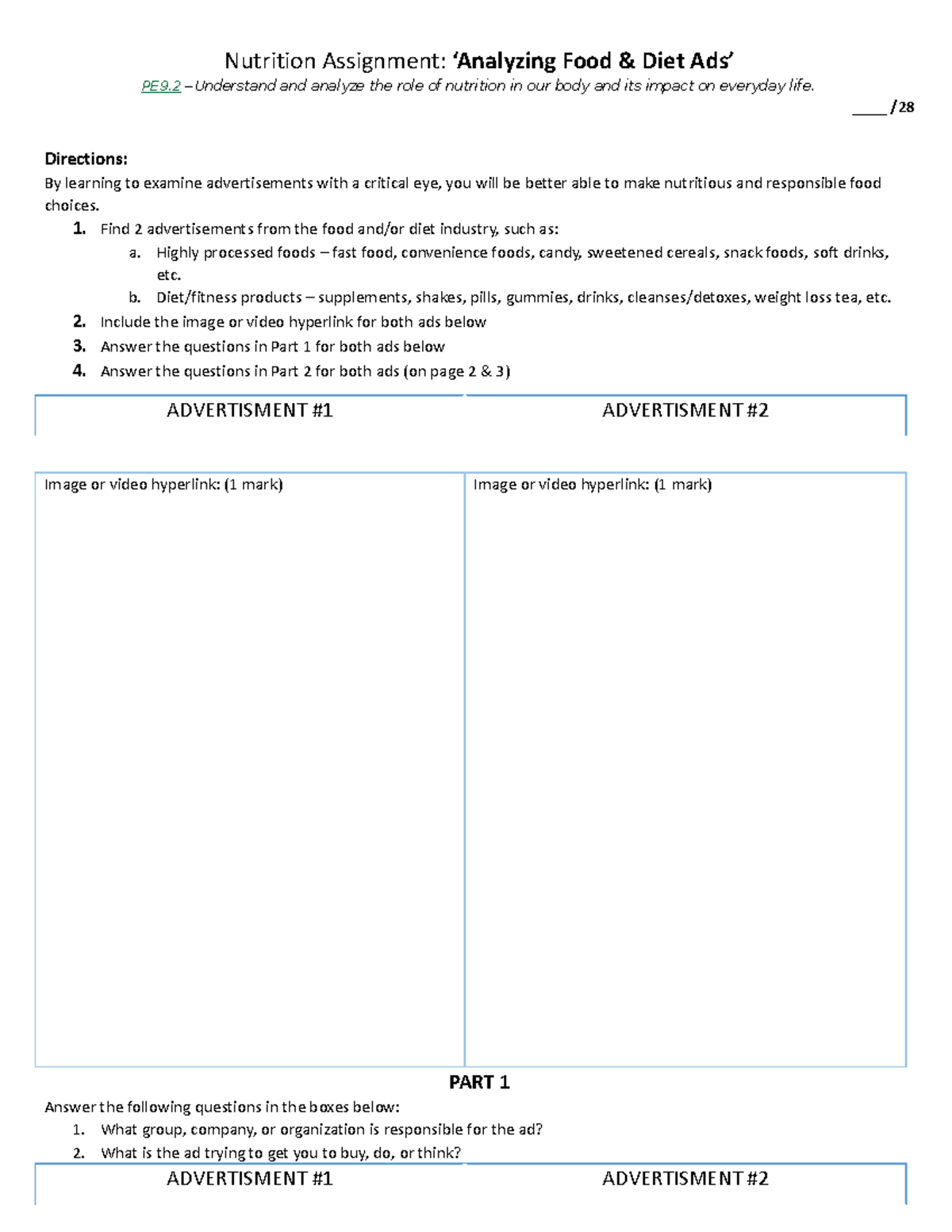 Worksheet - Food Advertising - Nutrition Assignment: ‘Analyzing Food ...