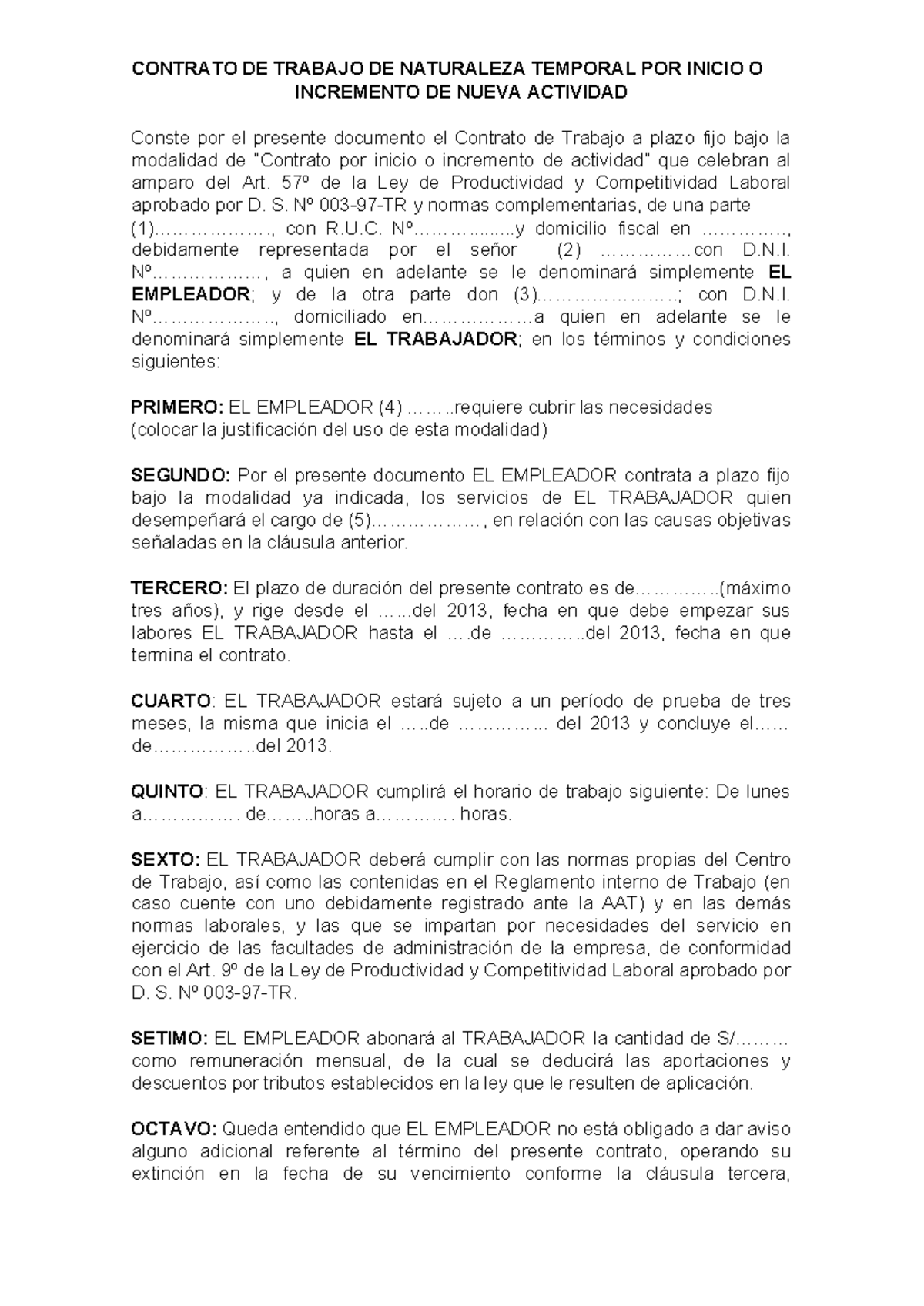 Contrato DE Trabajo POR Inicio DE Nueva Actividad - CONTRATO DE TRABAJO DE NATURALEZA TEMPORAL ...