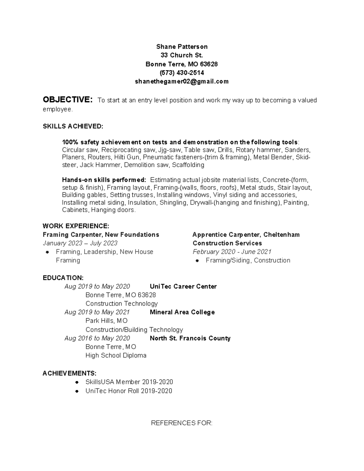 Shane Patterson Resume 2 - Shane Patterson 33 Church St. Bonne Terre ...