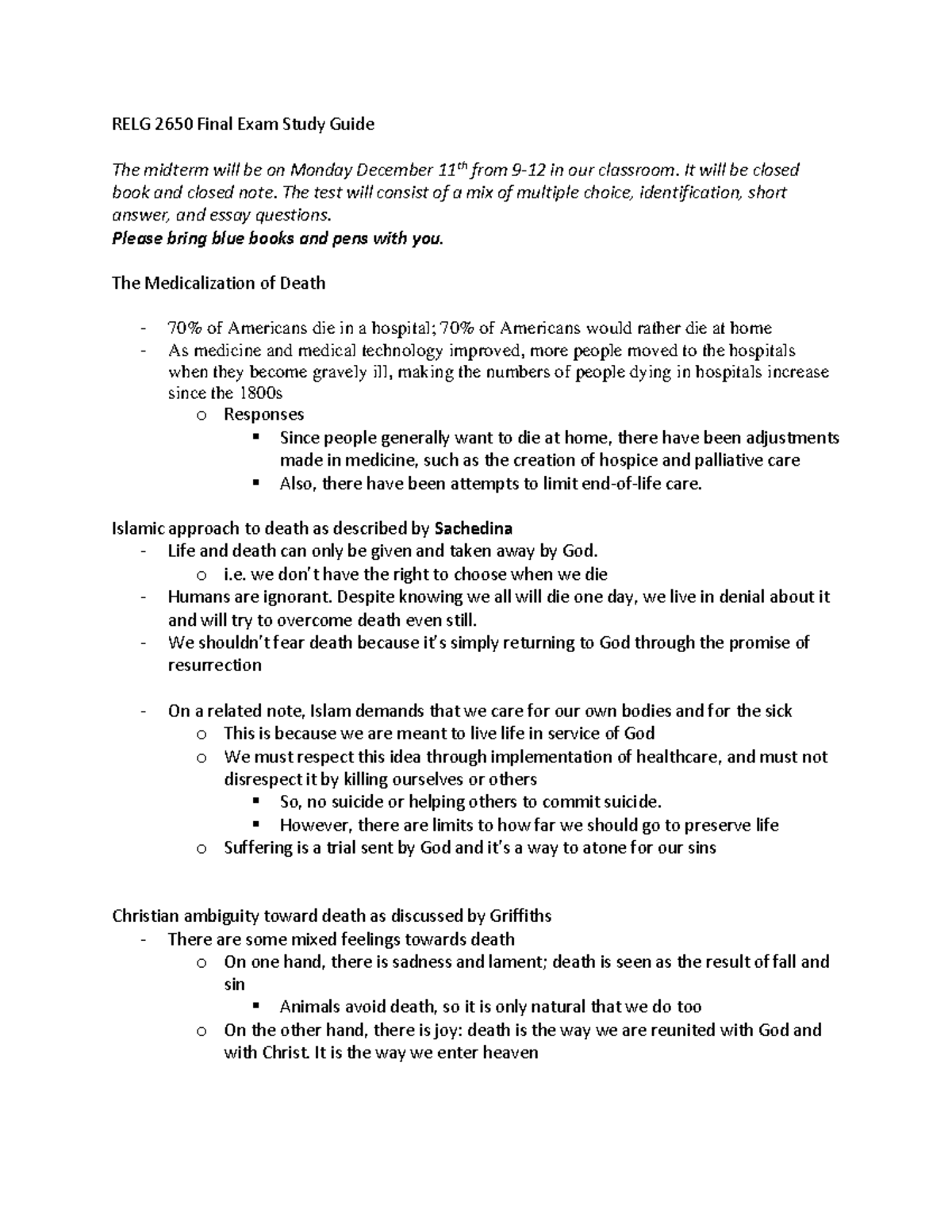RELG 2650 Final Exam Study Guide - RELG 2650 Final Exam Study Guide The ...