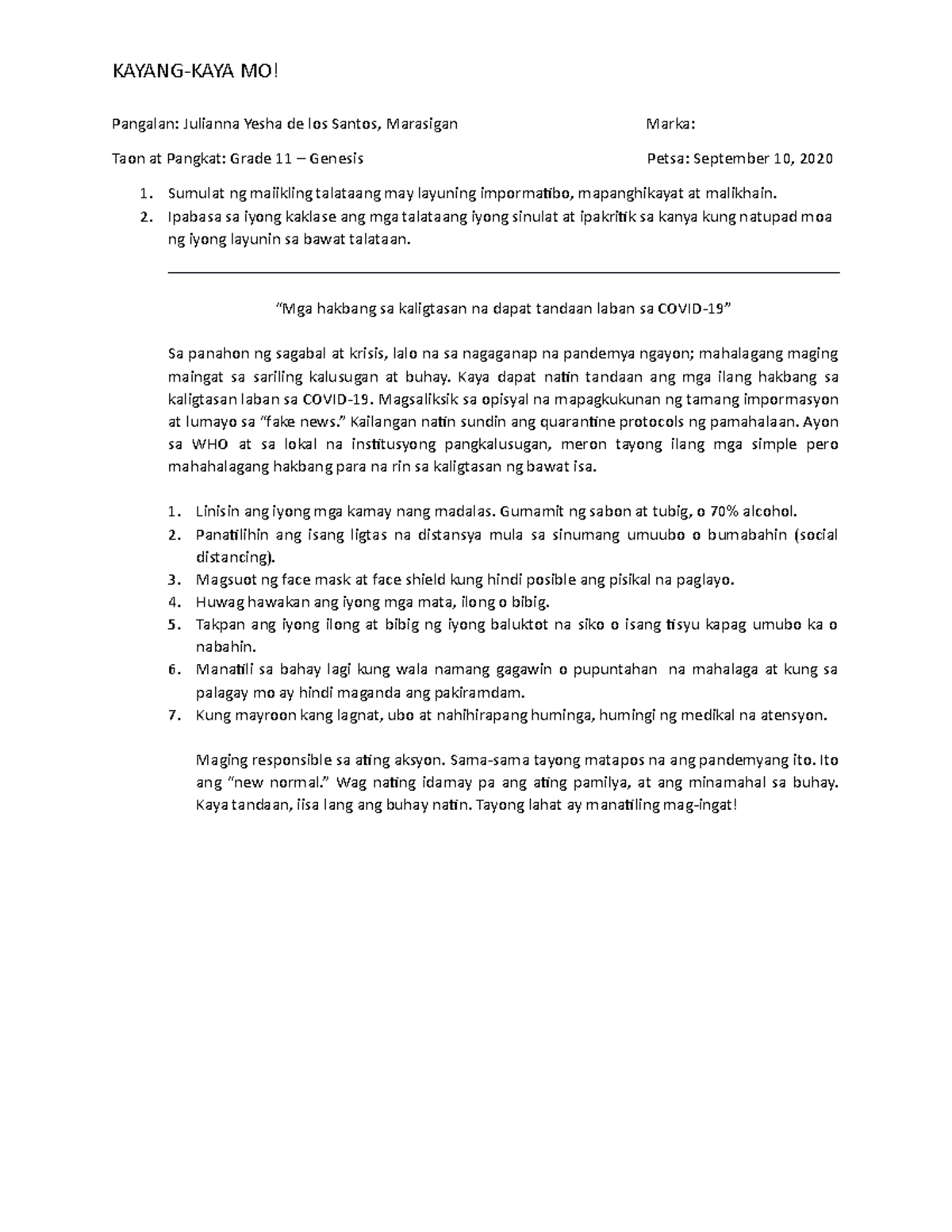 Filipino sa Larangang Akademiko (Assignment 1) - KAYANG-KAYA MO ...