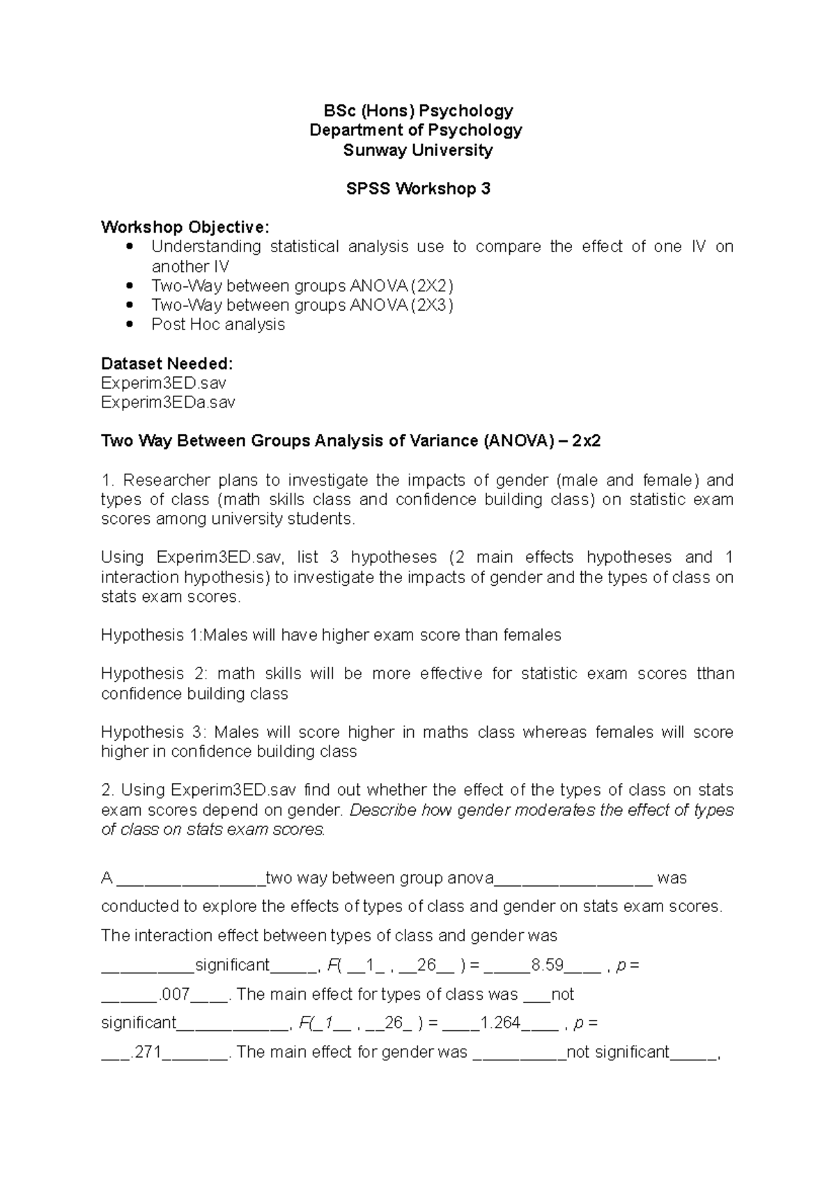 Worksheet two-way Anova - BSc (Hons) Psychology Department of ...