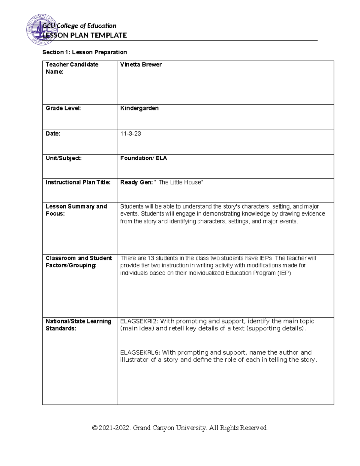 Benchmark - Data-Driven Lesson Planning - LESSON PLAN TEMPLATE Section ...
