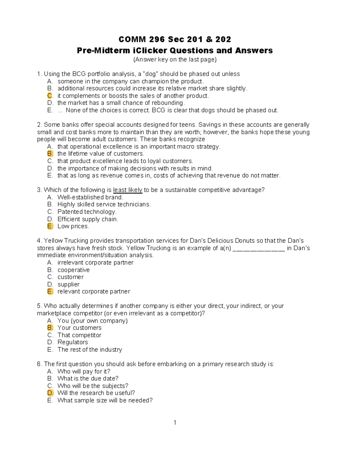 Pre-midterm questions-1 - COMM 296 Sec 201 & 202 Pre-Midterm iClicker Questions and Answers ...