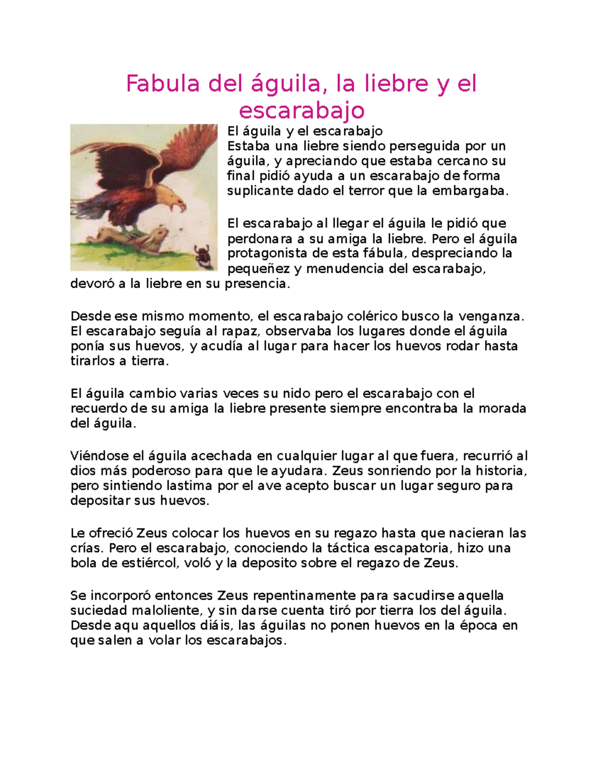 Camprensión De Lectura 1 Fabula Del águila La Liebre Y El Escarabajo