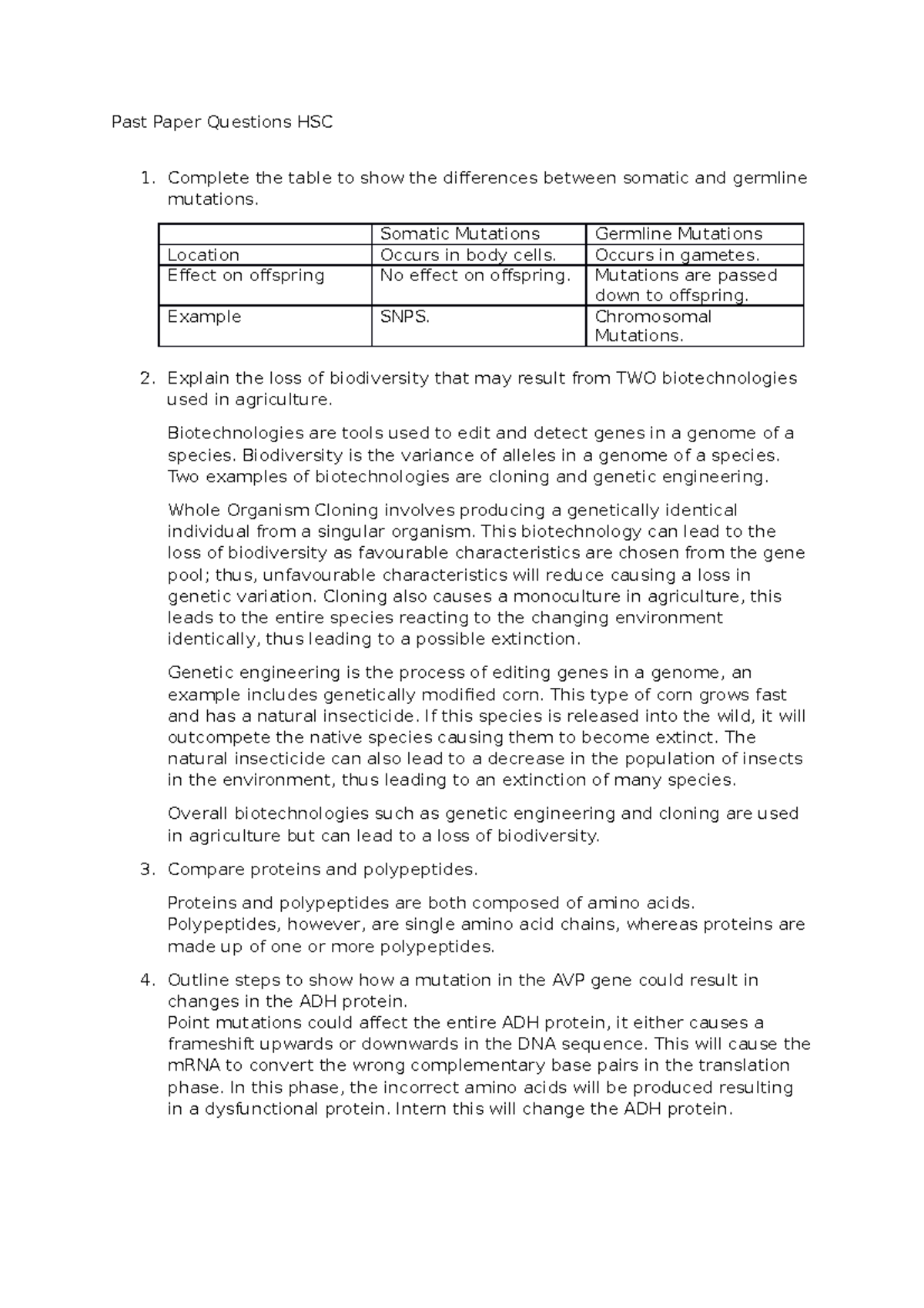 Past Paper Questions HSC Past Paper Questions HSC Complete The Table