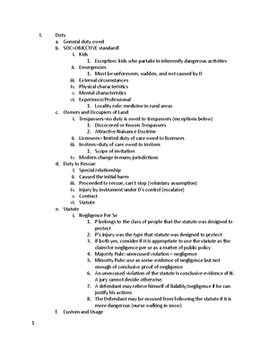 Torts outline - 1. Introduction a. Tort i. A civil wrong, other than a ...