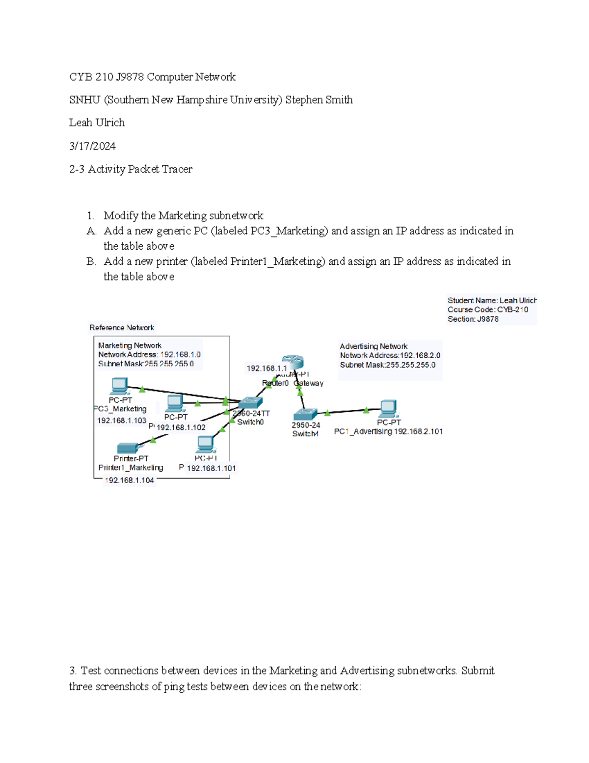 Cyb 210 J9878 2 3 Activity Packet Tracer Cyb 210 J9878 Computer Network Snhu Southern New