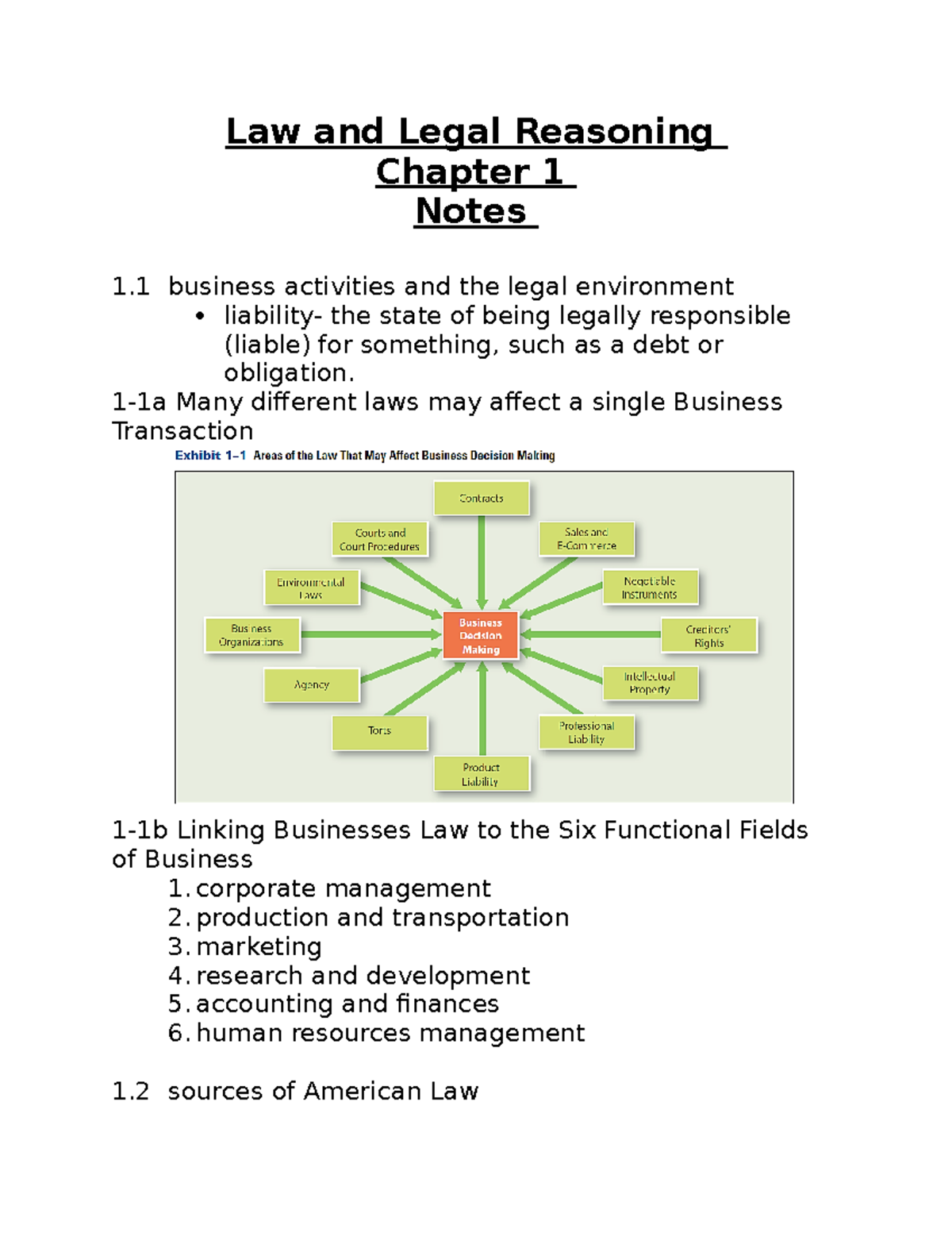 Chapter 1 notes - Law and Legal Reasoning Chapter 1 Notes 1 business ...