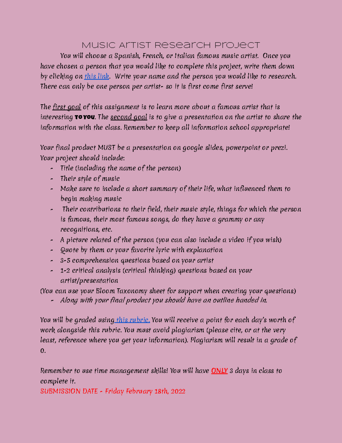 Famous Music Artist Research Project - Music Artist Research project ...