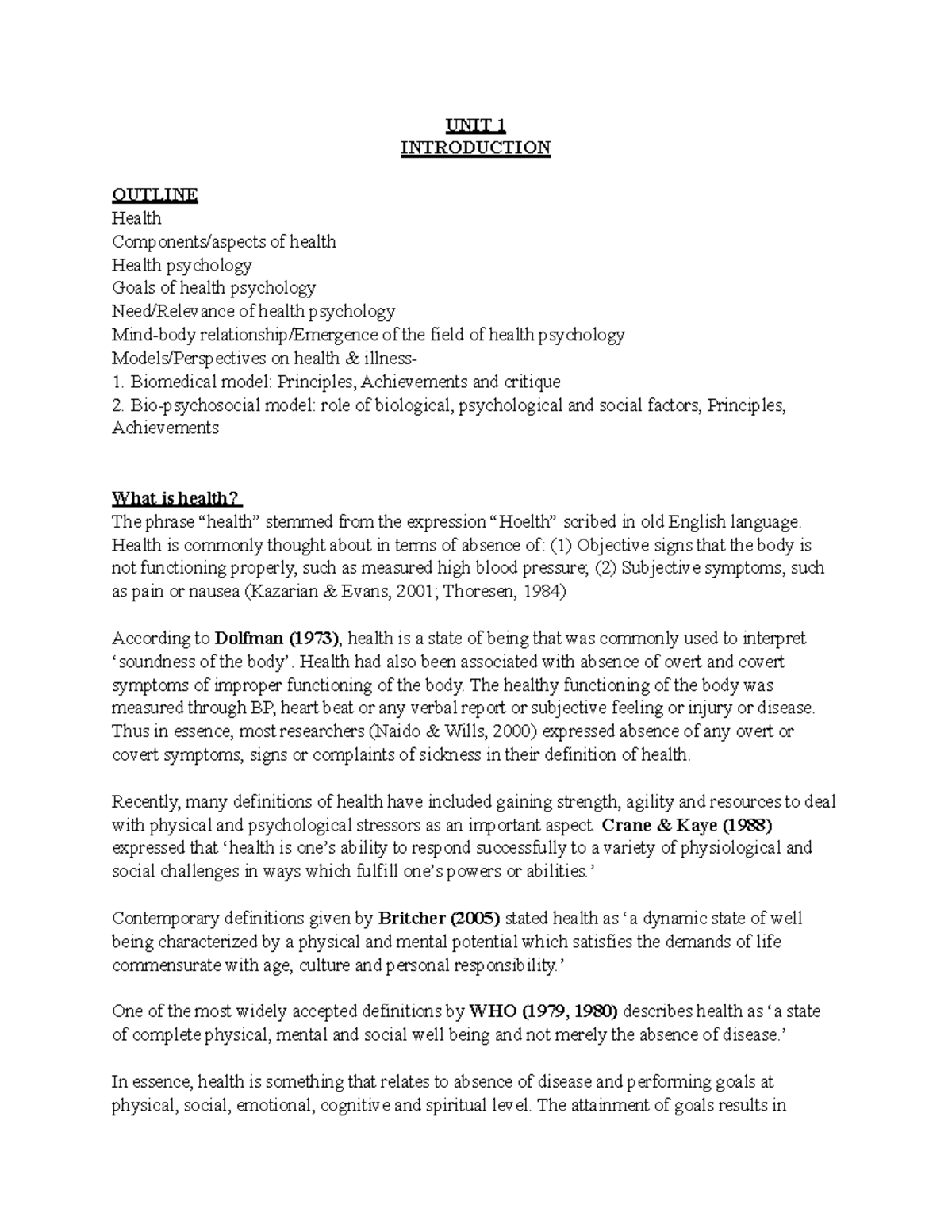 Unit 1 HP - UNIT 1 INTRODUCTION OUTLINE Health Components/aspects of ...