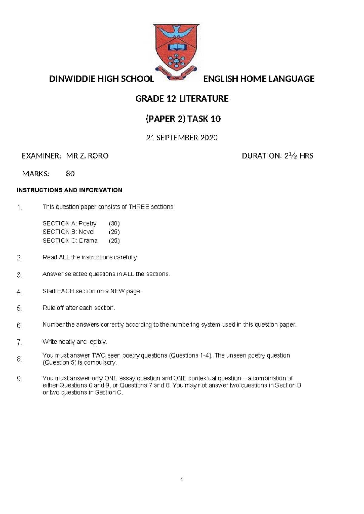 Grade 12 ENG HL P2 Prelim 2020 MEMO - DINWIDDIE HIGH SCHOOL ENGLISH ...
