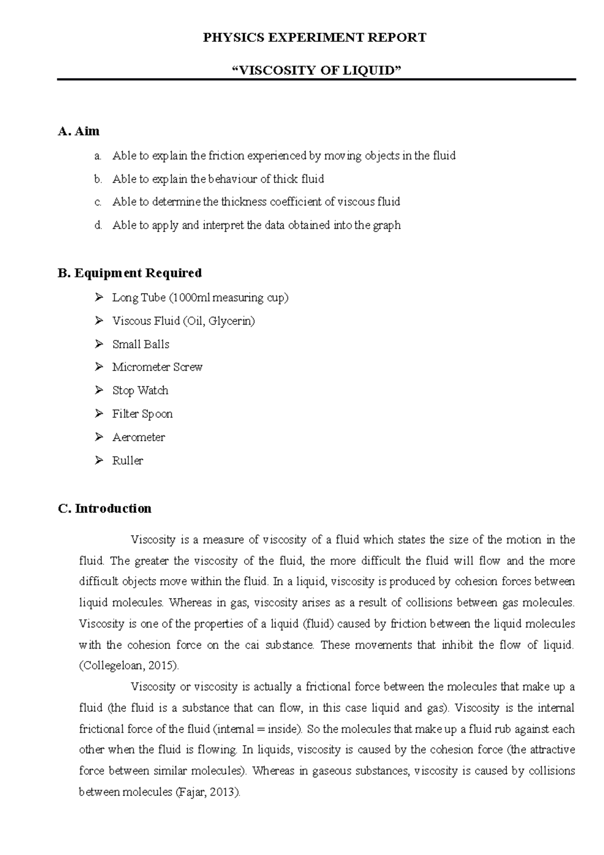 Physics experiment report viscosity of liquid - PHYSICS EXPERIMENT ...