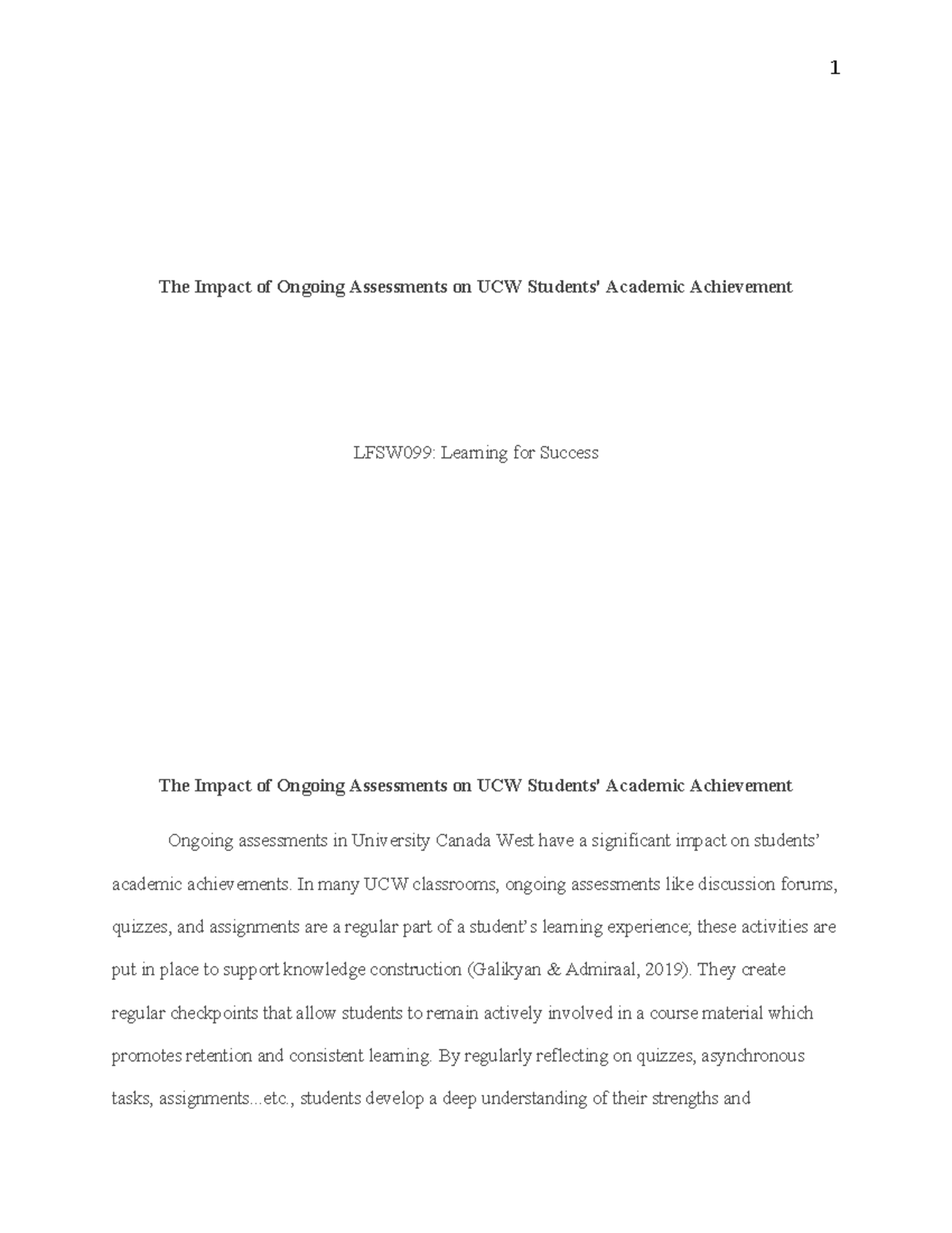 Paragraph Assignment - 1 The Impact of Ongoing Assessments on UCW ...