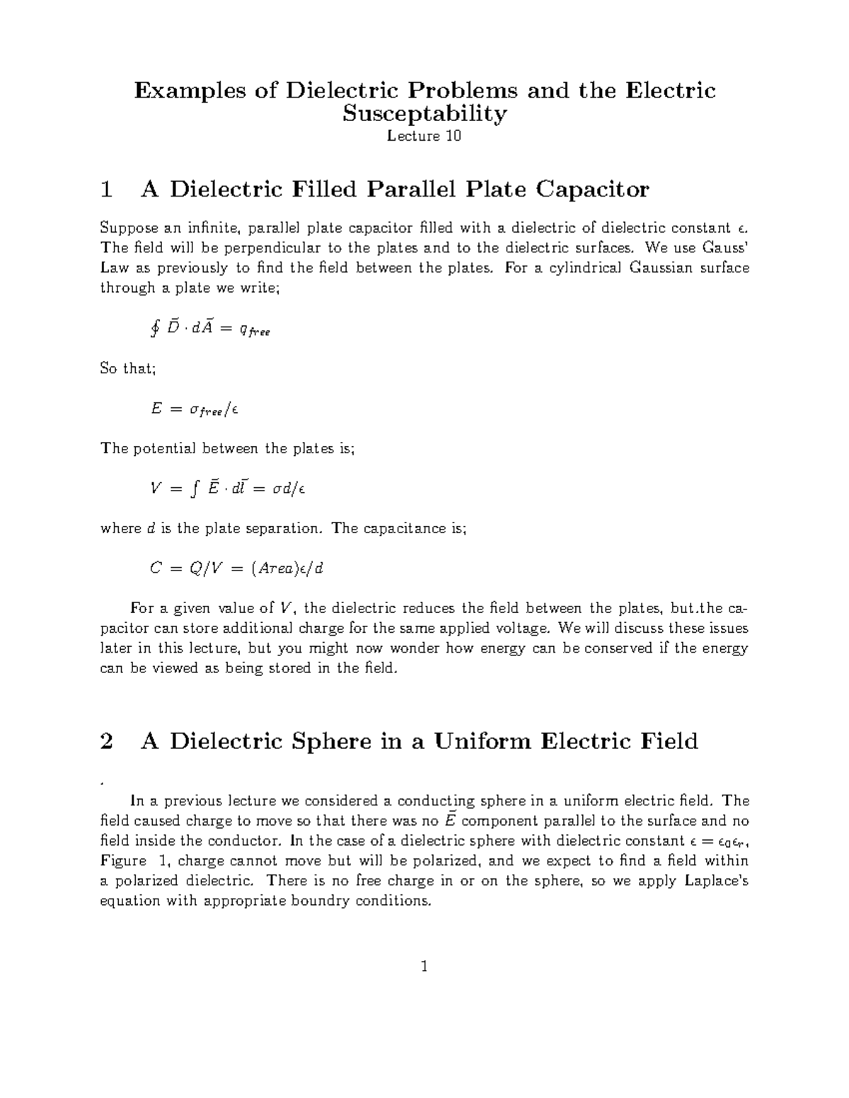 Lecture 10 - Examples of Dielectric Problems and the Electric Susceptability Lecture 10 1 A ...