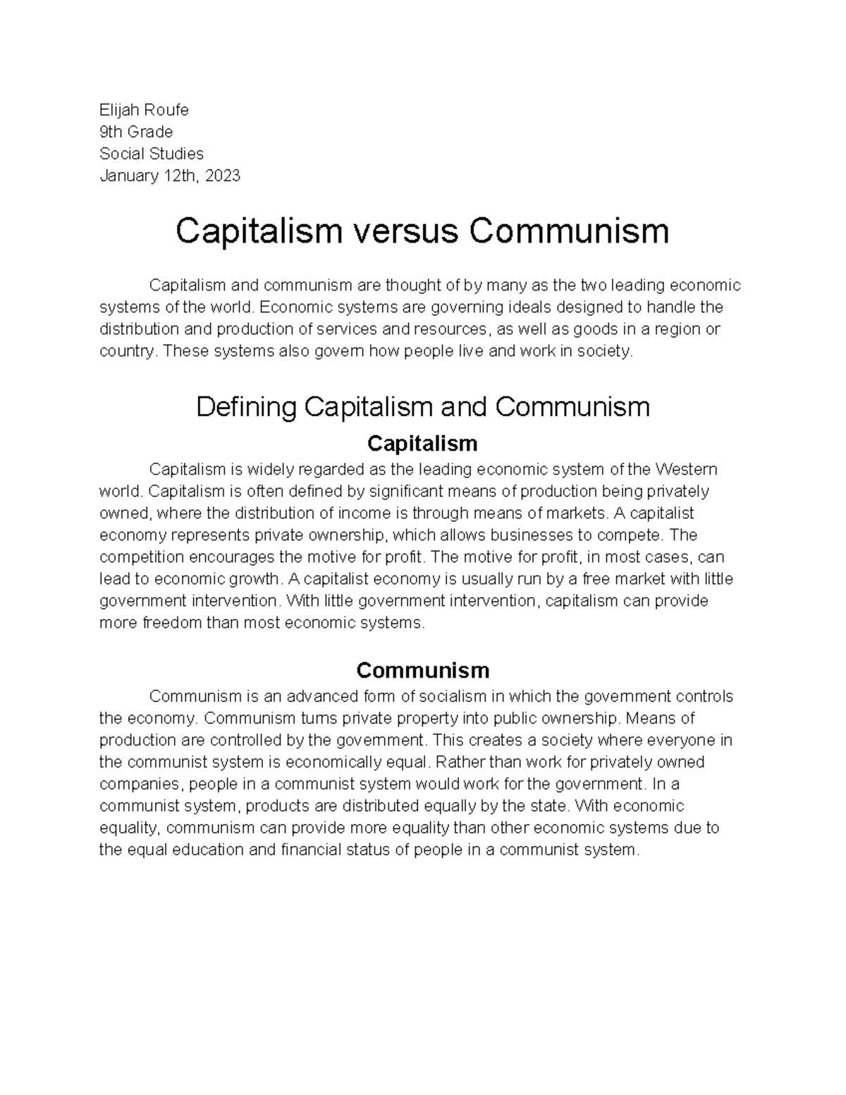 Capitalism vs Communism - Elijah Roufe 9th Grade Social Studies January ...