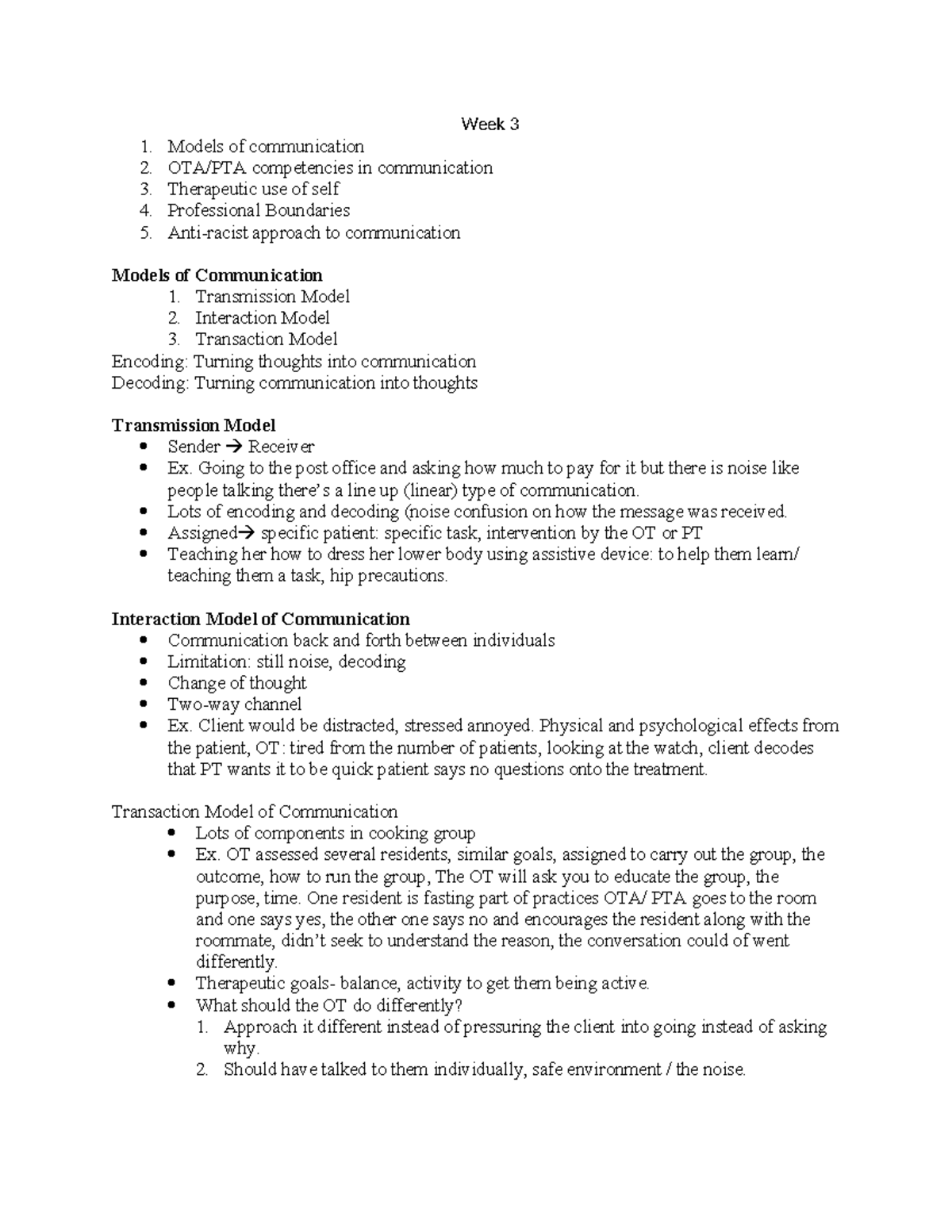 Comm10006 Week 3 - Summary Communication - Week 3 Models of communication OTA/PTA competencies ...
