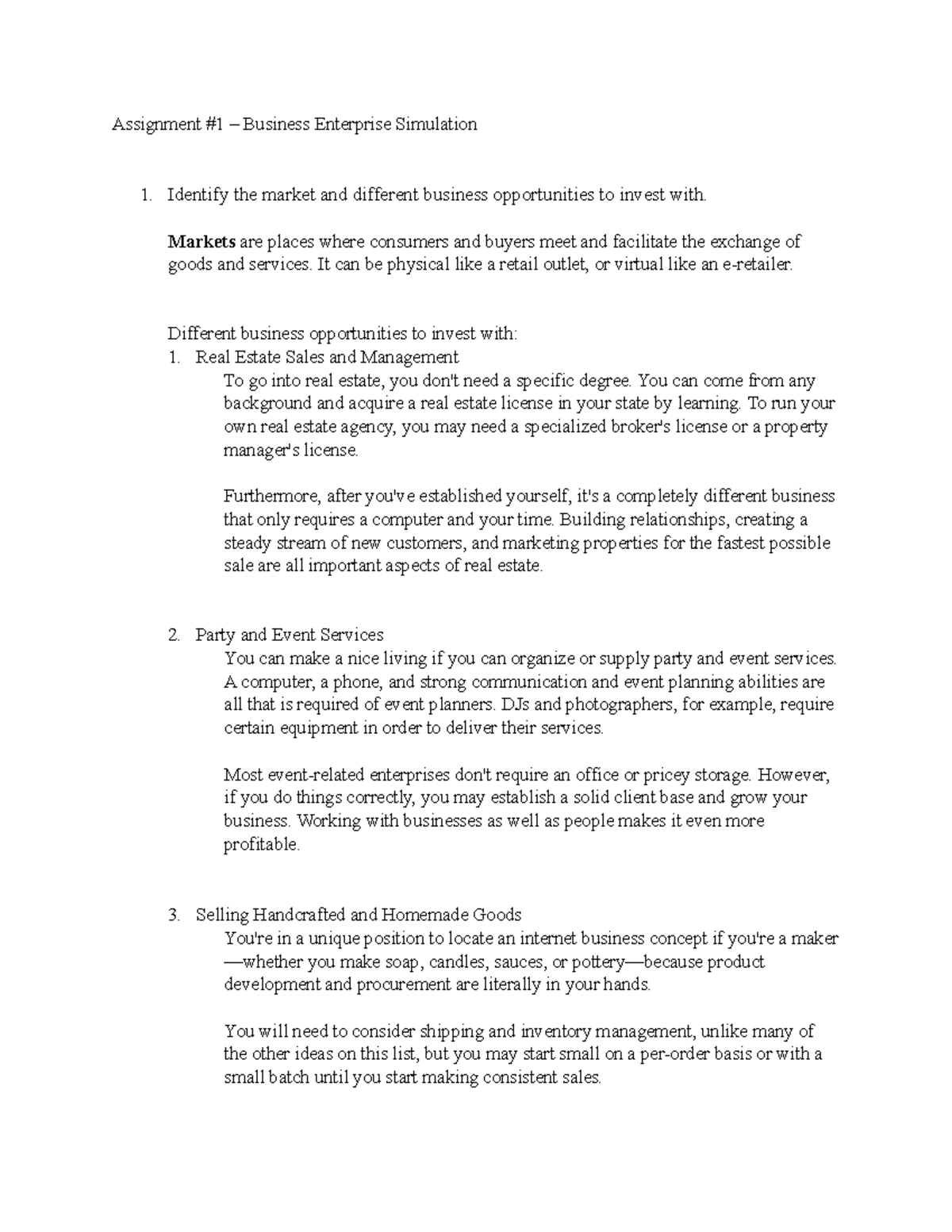 Assignment #1 - Business Enterprise Simulation - Assignment #1 ...