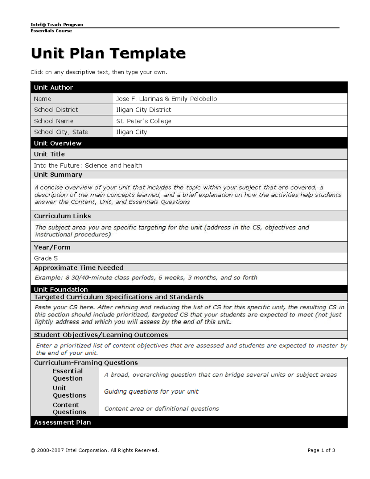 TTL 2 - UNIT PLAN Template - Intel® Teach Program Essentials Course ...