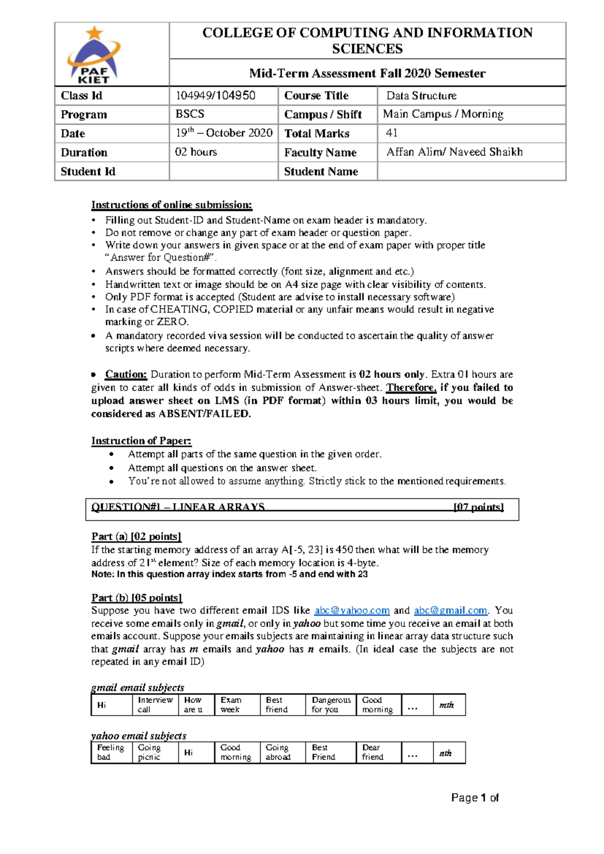 DSA Mid - Page 1 of QUESTION#1 – LINEAR ARRAYS [07 points] COLLEGE OF ...