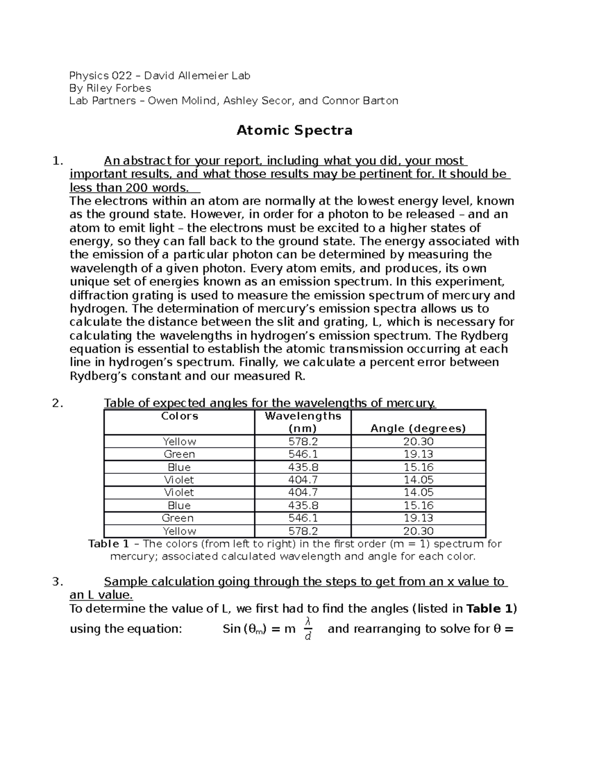 Physics Lab 022 - Atomic Spectra - Physics 022 – David Allemeier Lab By ...