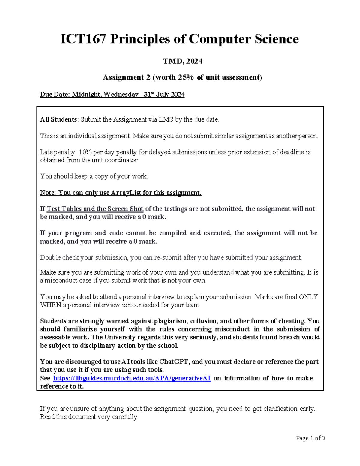 ICT167-Assignment-2-2024 TMD - ICT167 Principles of Computer Science TMD, 2024 Assignment 2 ...