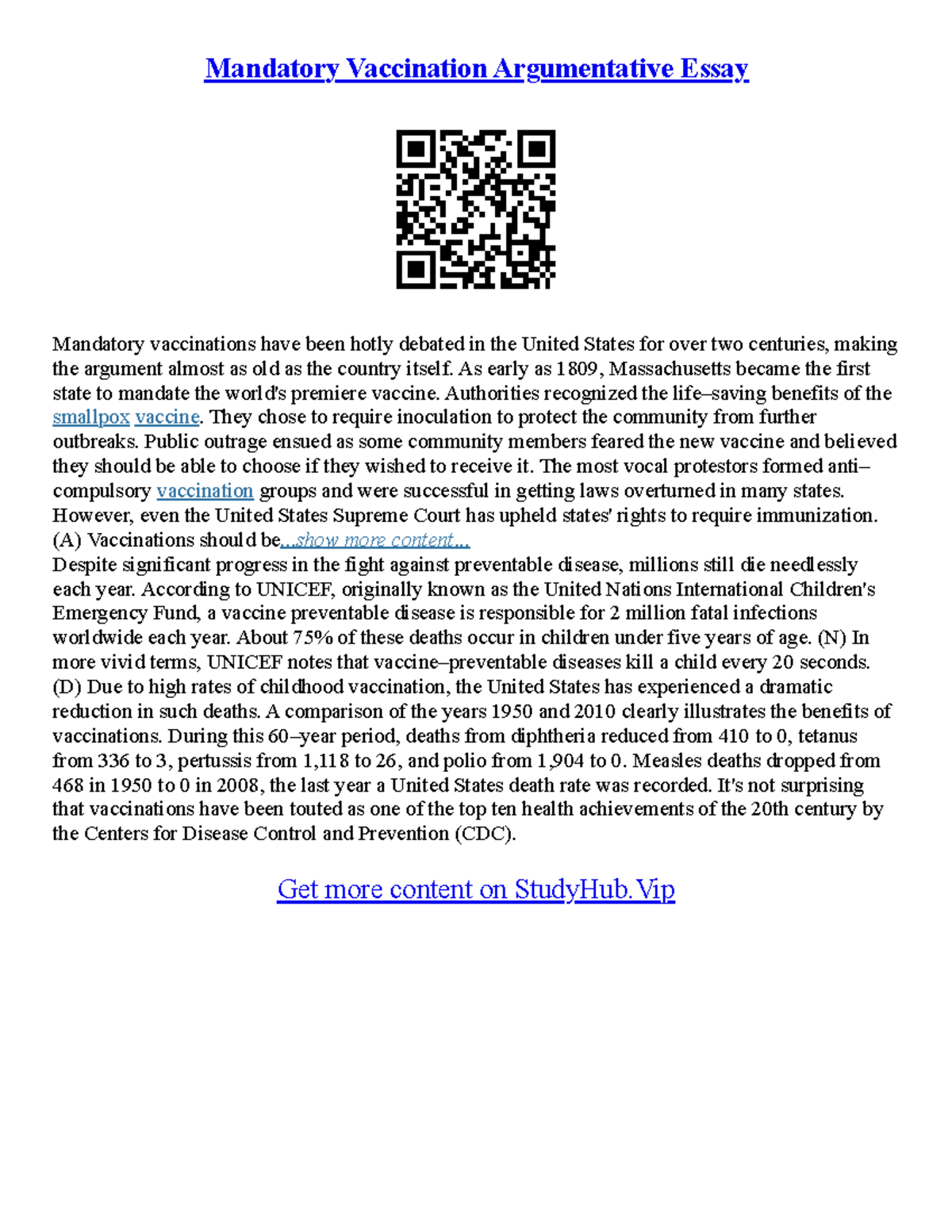 Argumentive Essay Examples - Mandatory Vaccination Argumentative Essay ...