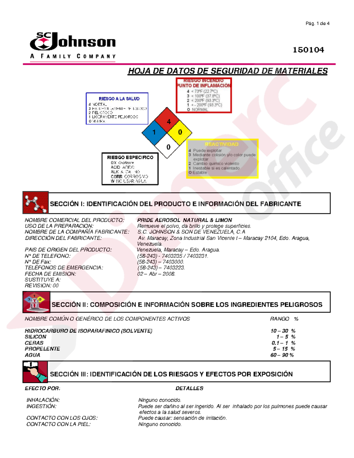 FDS Pride - FDS - HOJA DE DATOS DE SEGURIDAD DE MATERIALES SECCIÓN I ...