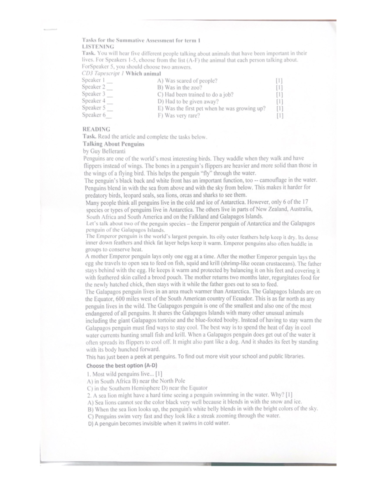 Tasks for the Summative Assessment for term 1 - You will hear five ...